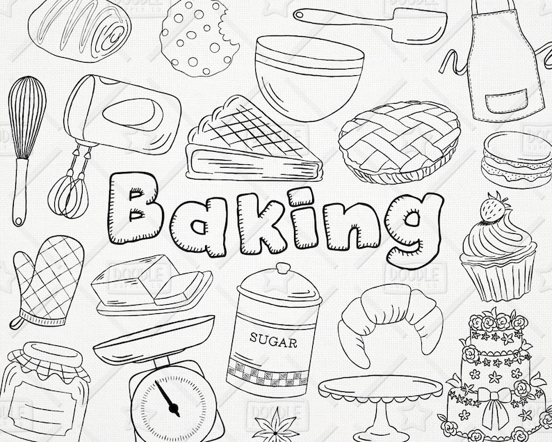 Doodle Backen Clipart Vektor-Pack, Küche Clipart, Gebäck Clipart ...