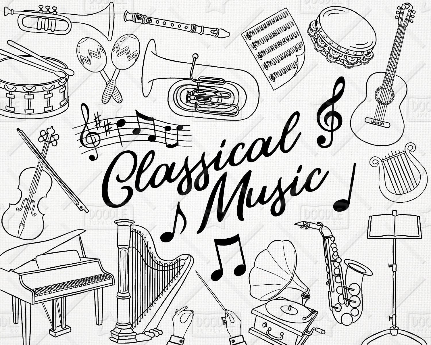 Doodle Music Vector Pack, Musical Instruments Clipart, Piano Clipart ...