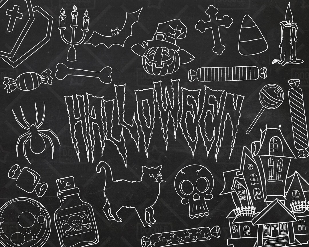 Chalkboard Halloween Vector Pack, Halloween Doodles, Skull Clipart ...