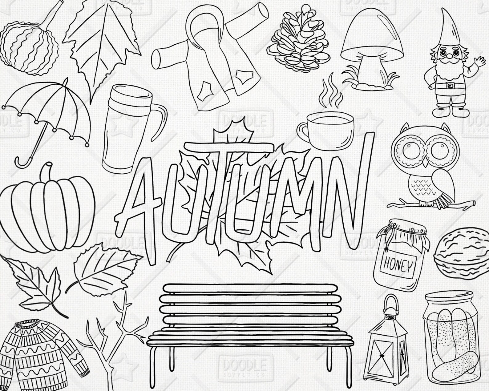 Doodle Autumn Vector Pack, Fall Clipart, Pumpkin Clipart, Walnut ...