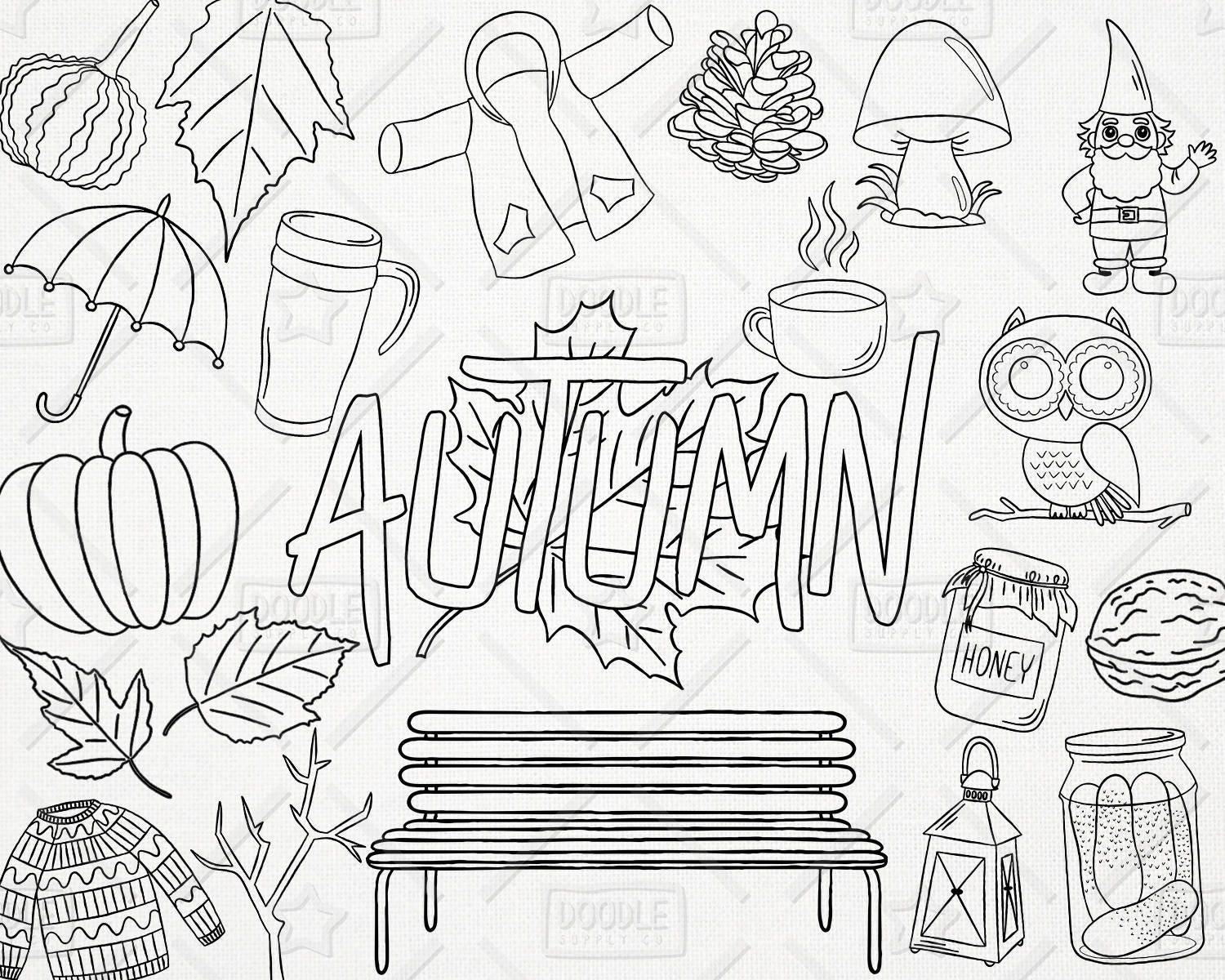 Doodle Autumn Vector Pack, Fall Clipart, Pumpkin Clipart, Walnut ...