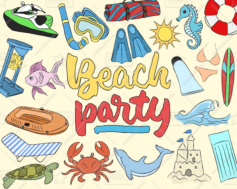 Beach Party Clipart Vector Pack, Summer Clipart, Vacation Clipart ...