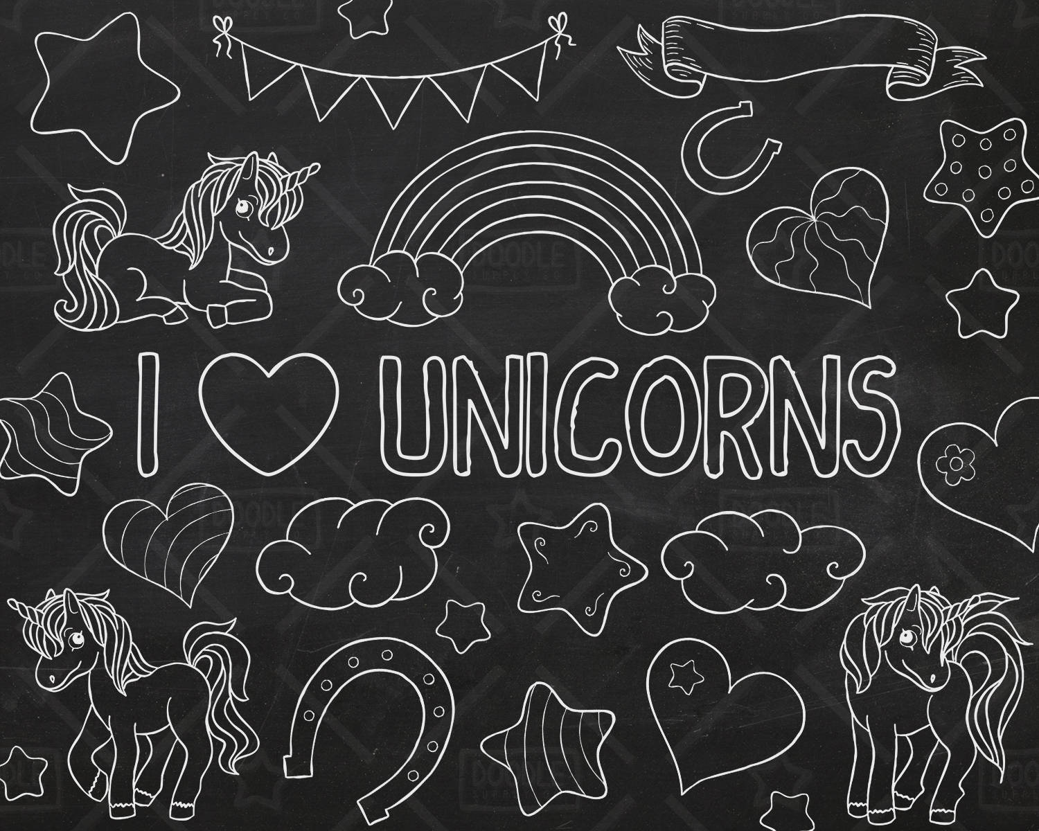 Chalkboard Unicorn Vector Pack, Pony, Horse, Rainbow, Star, Pink and ...