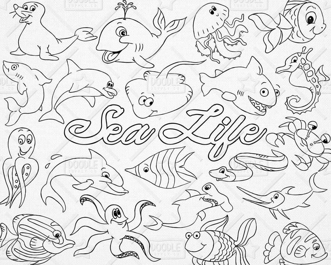 Doodle Sea Life Clipart Vector Pack, Ocean Clipart, Sea Animals ...