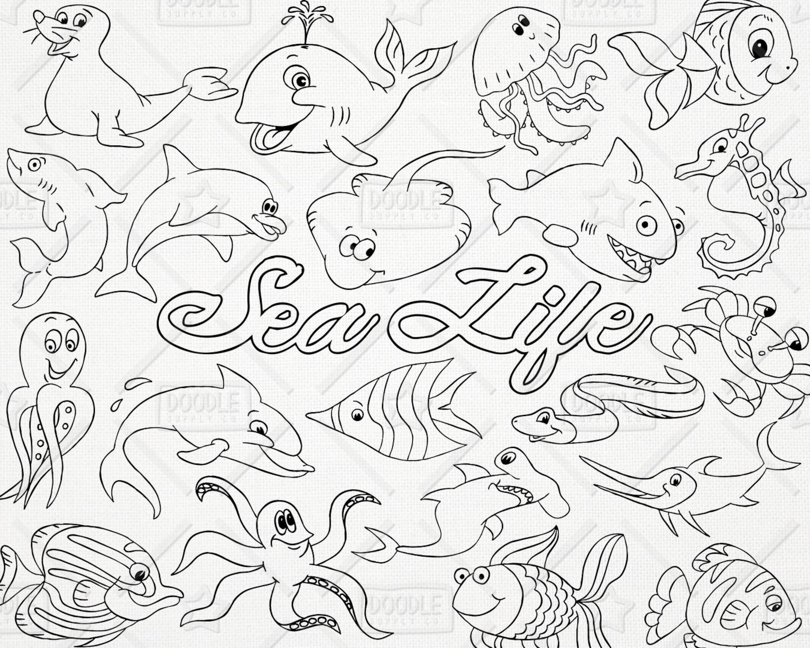 Doodle Sea Life Clipart Vector Pack, Ocean Clipart, Sea Animals ...