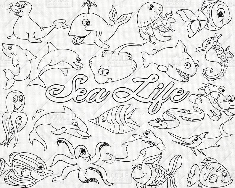 Doodle Sea Life Clipart Vector Pack, Ocean Clipart, Sea Animals ...