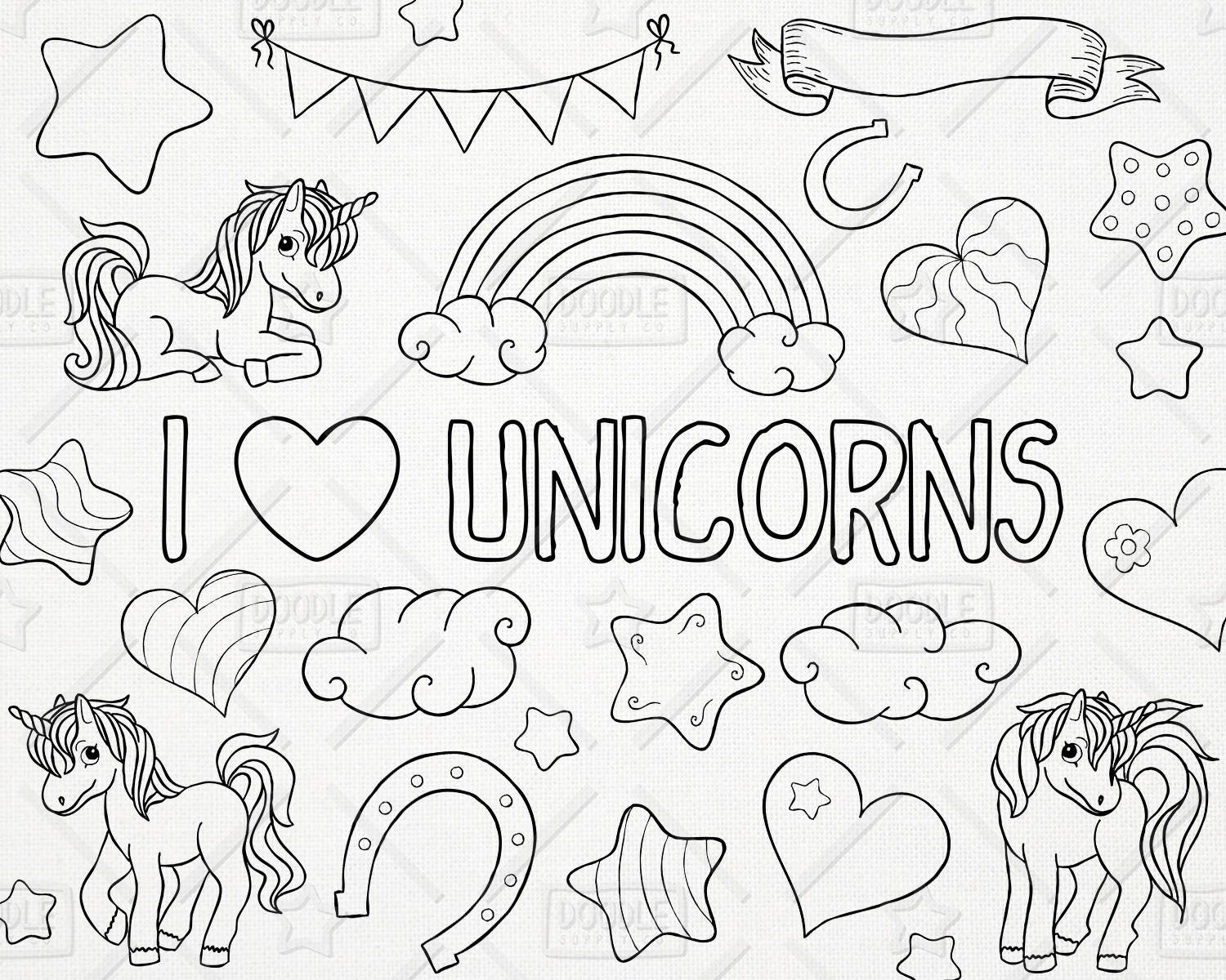 Doodle Unicorn Vector Pack, Pony, Horse, Rainbow, Star, Pink and Blue ...