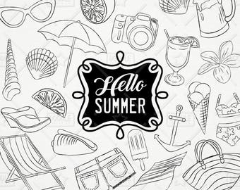 Doodle Beach Clipart Vector Pack Summer Clipart Vacation - Etsy