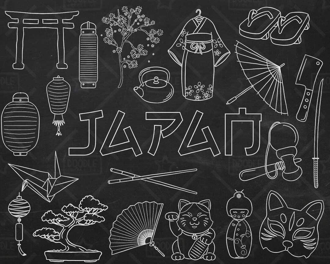 Chalkboard Japan Clipart Vector Pack, Japanese Doodles, Asia Clipart ...
