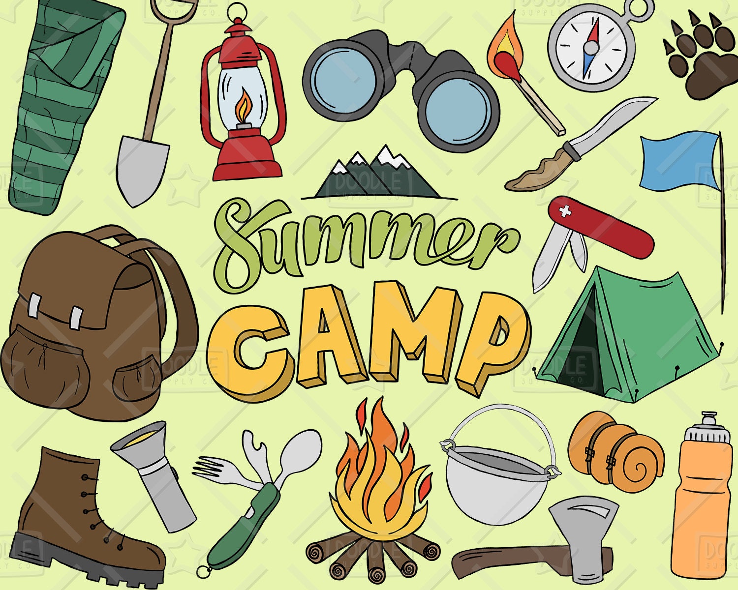 Camping Clipart Vector Pack, Outdoors Clipart, Campfire Clipart, Nature ...