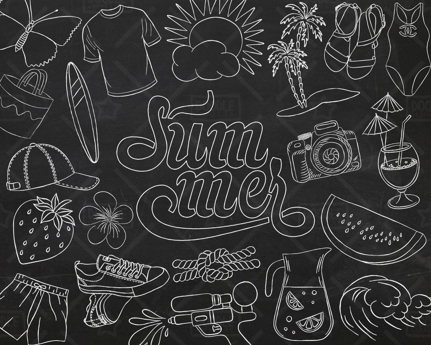 Chalkboard Summer Vector Pack, Beach Clipart, Summer Doodle, Vacation ...