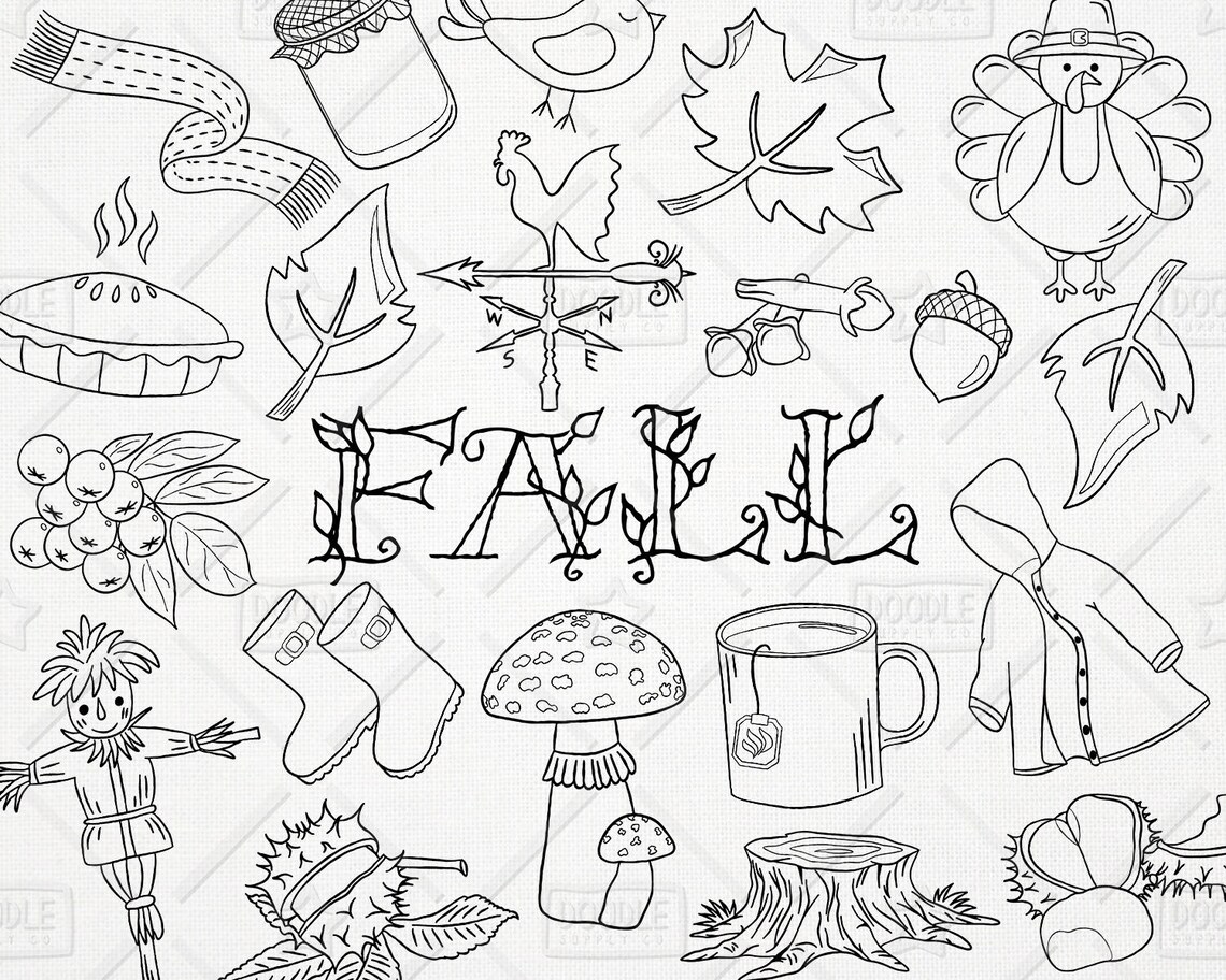 Doodle Fall Vector Pack, Autumn Clipart, Leaves Clipart, Chestnuts ...