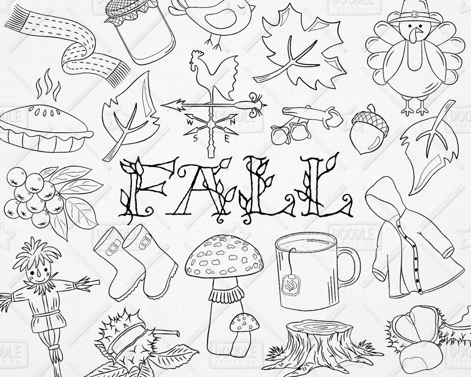 Doodle Fall Vector Pack, Autumn Clipart, Leaves Clipart, Chestnuts ...