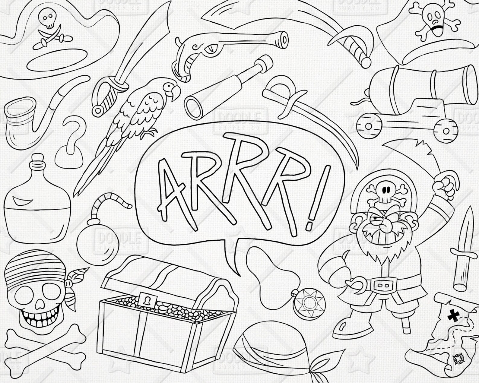 Doodle Pirate Vector Pack, Pirate Party Decorations, Pirate Vector ...