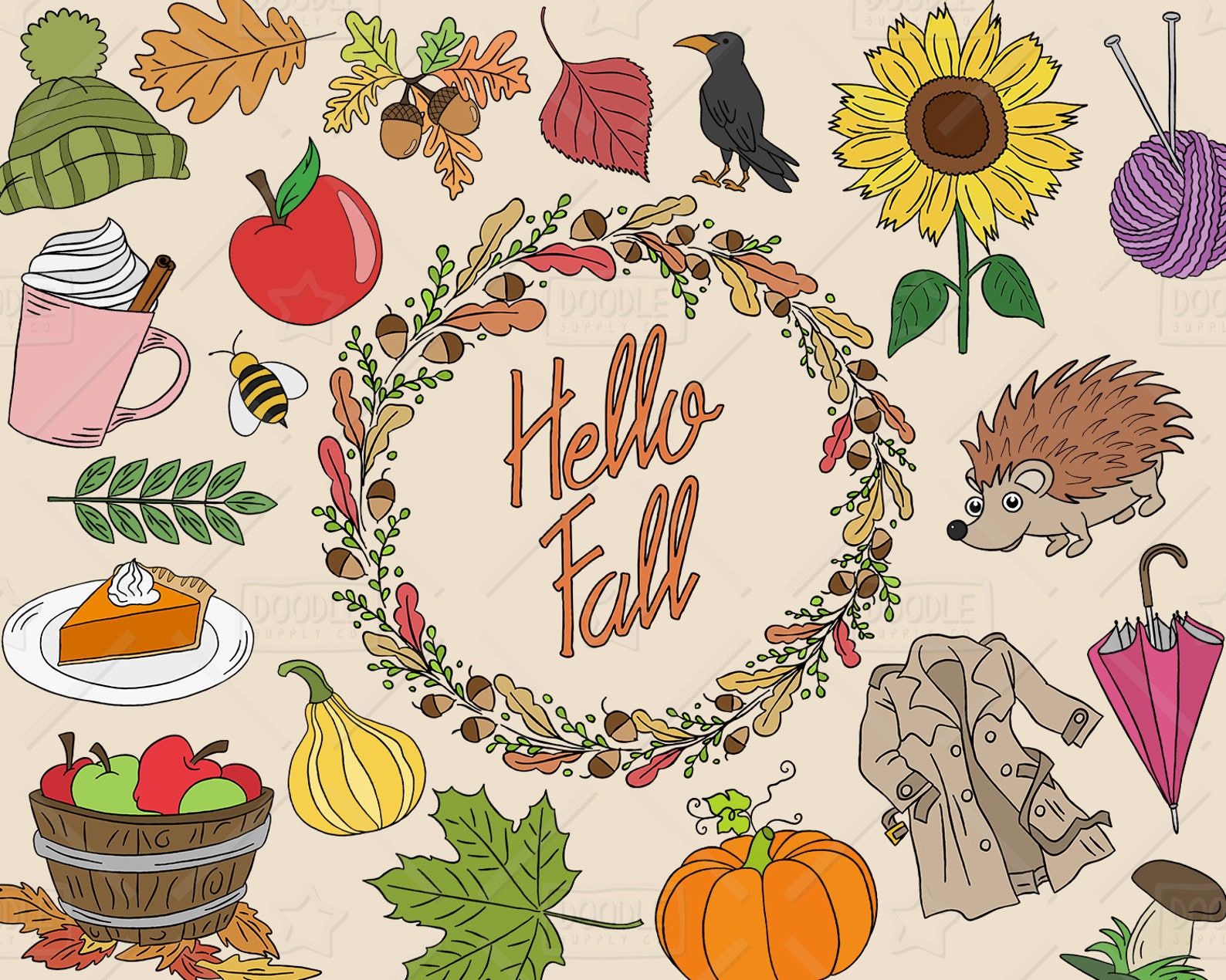 Hello Fall Clipart Vector Pack, Autumn Clipart, Fall Icons, Nature ...