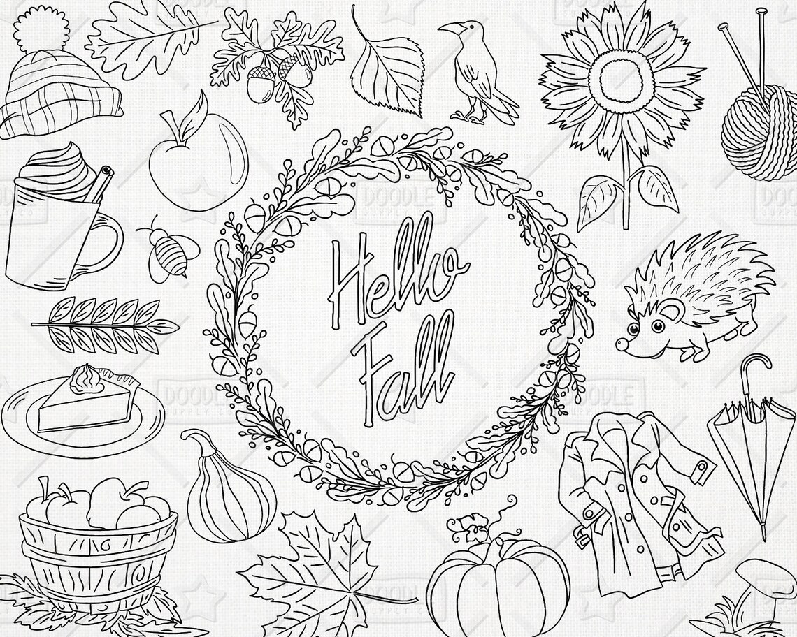 Doodle Hello Fall Vector Pack, Autumn Clipart, Fall Icons, Nature ...