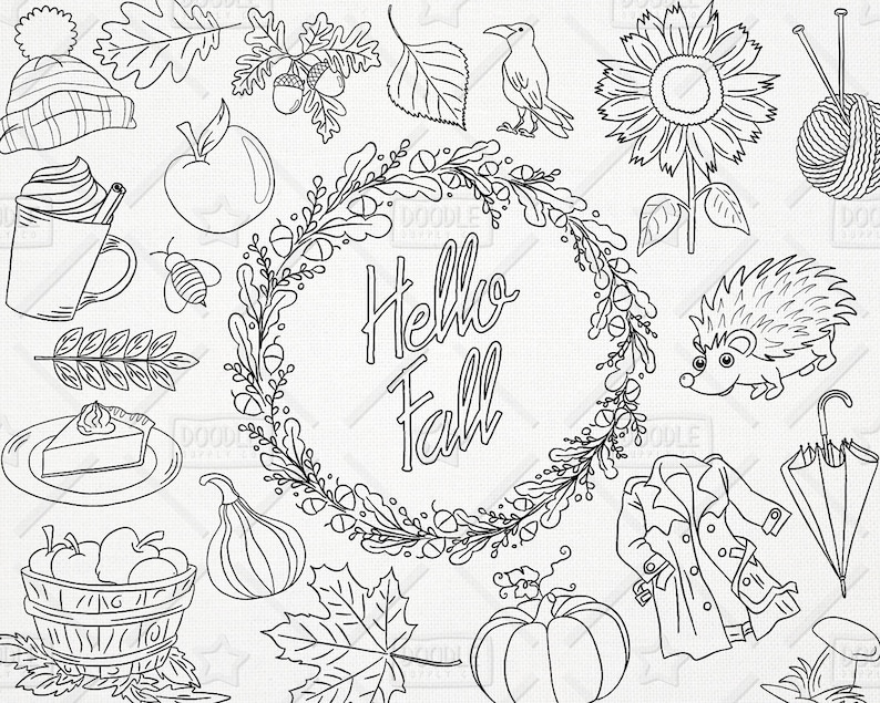 Doodle Hello Fall Vector Pack, Autumn Clipart, Fall Icons, Nature ...