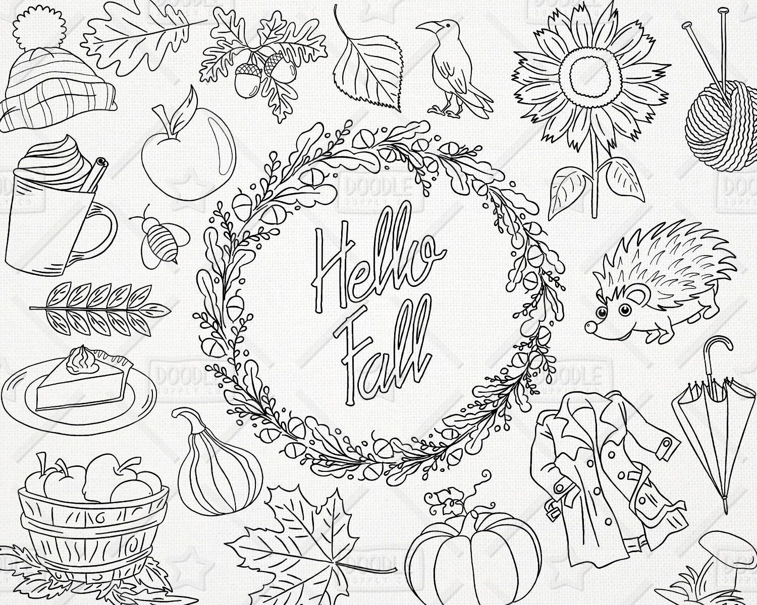 Doodle Hello Fall Vector Pack, Autumn Clipart, Fall Icons, Nature ...