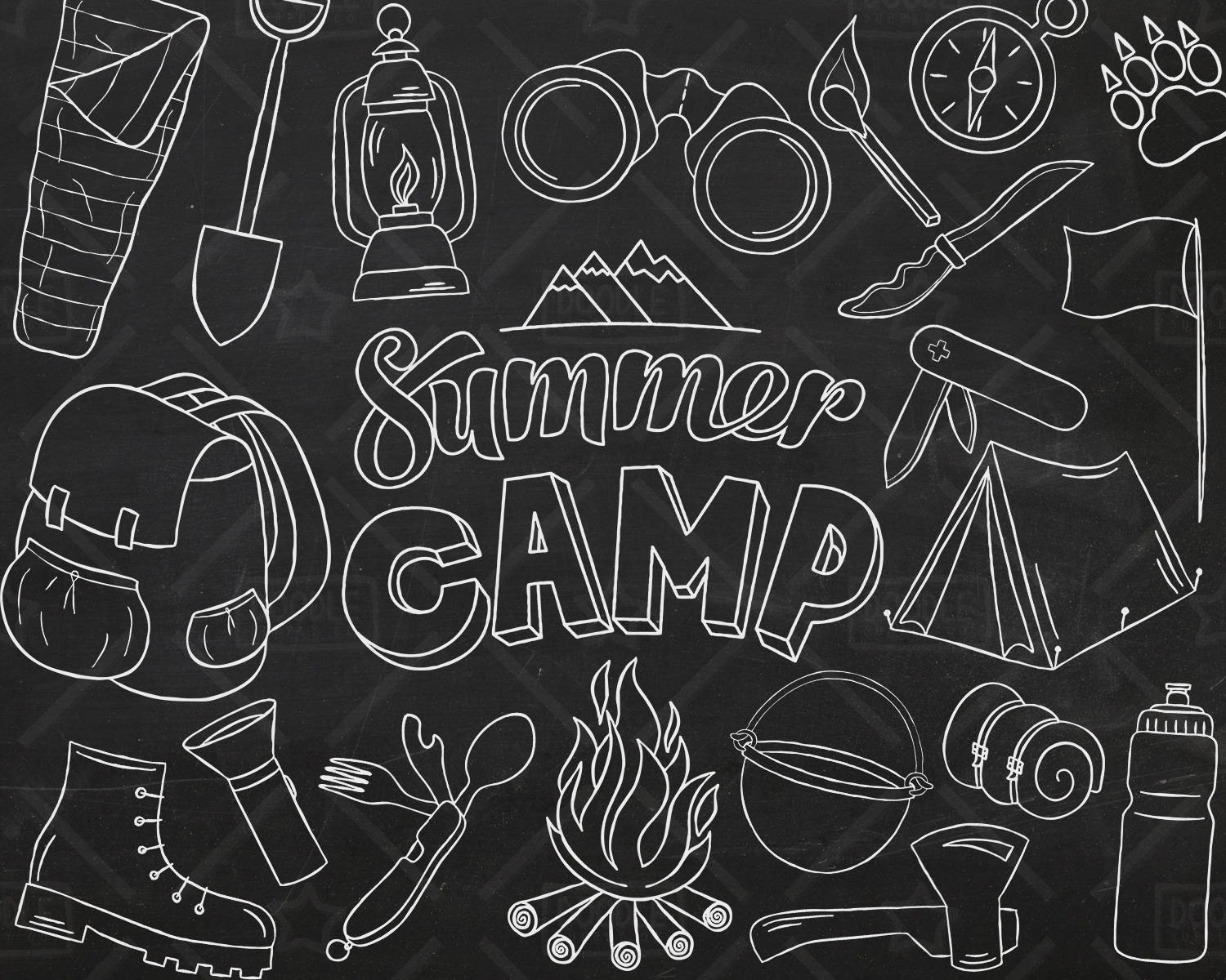 Chalkboard Camping Vector Pack, Outdoors Clipart, Campfire Clipart ...