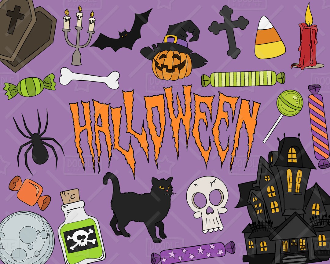 Halloween Clipart Vector Pack, Halloween Doodles, Skull Clipart, Candy ...