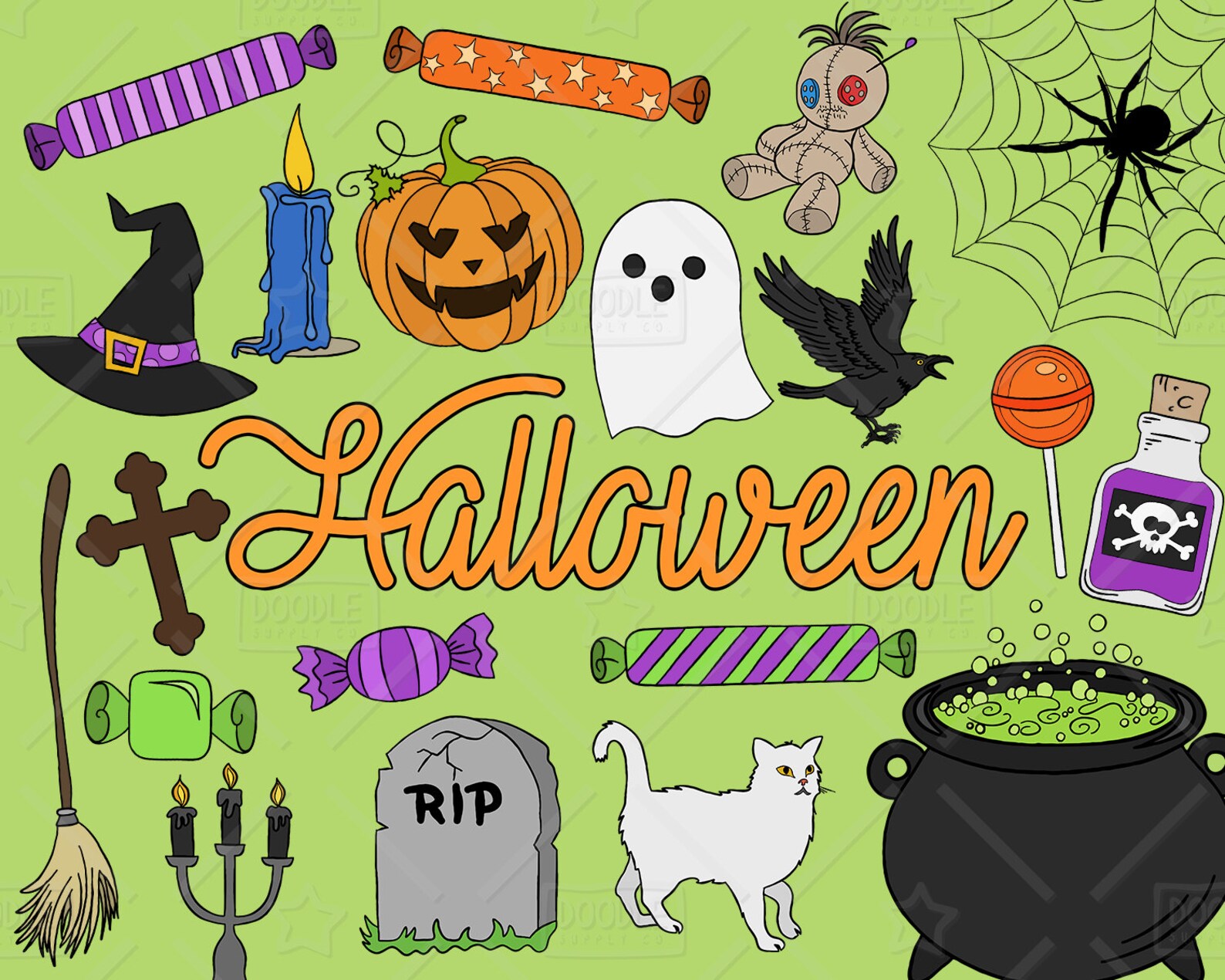 Halloween Clipart Vector Pack, Halloween Doodles, Spider Clipart ...