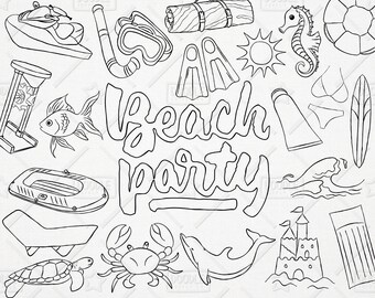 Doodle Beach Clipart Vector Pack Summer Clipart Vacation | Etsy