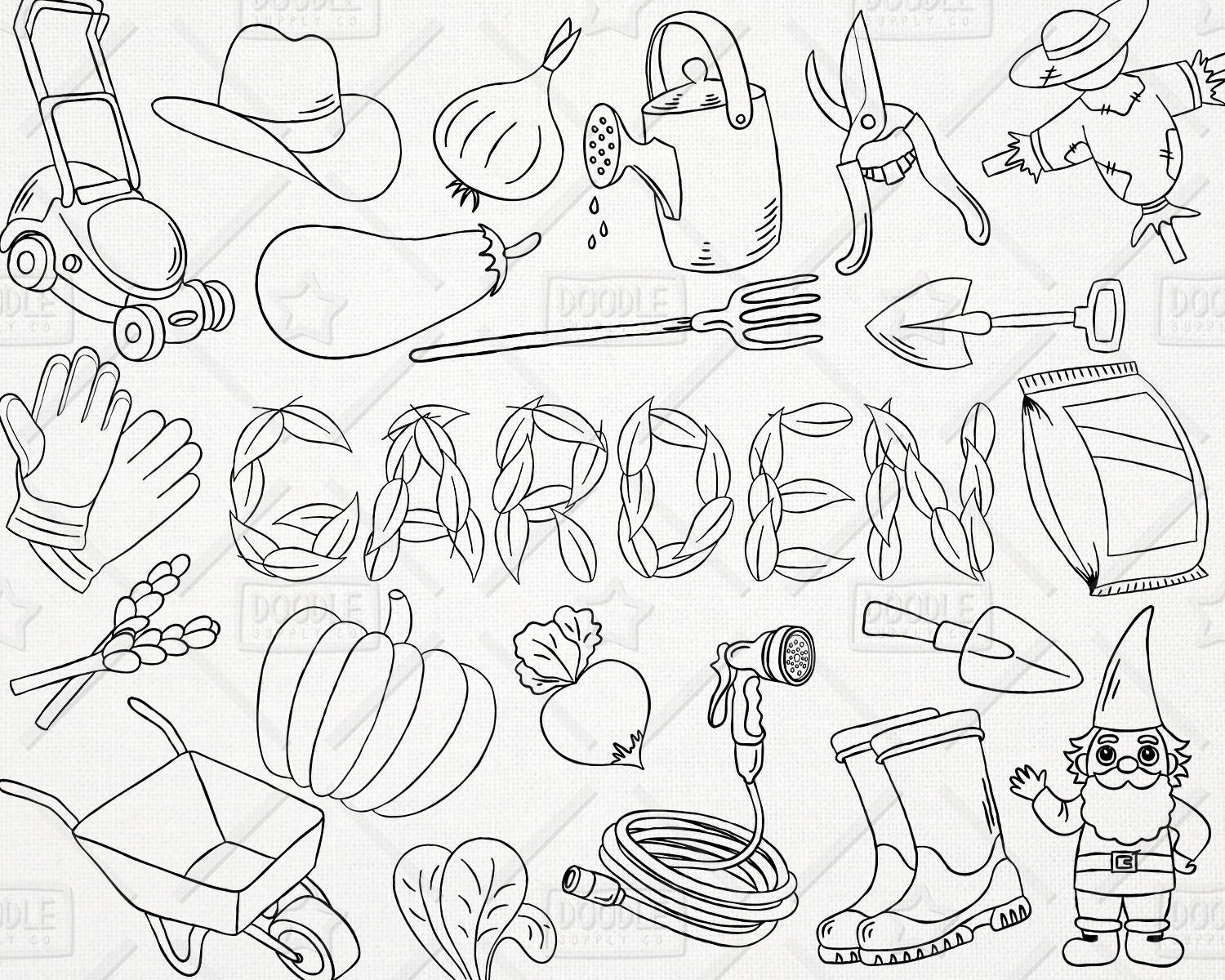 Doodle Gardening Vector Pack, Garden Clipart, Vegetables Clipart, Lawn ...