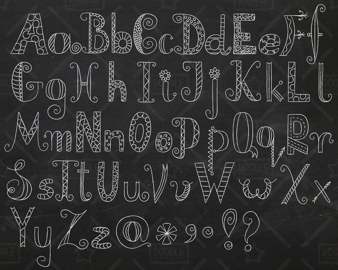 Chalkboard Doodle Alphabet Clipart Vector Pack, Hand Drawn Font ...