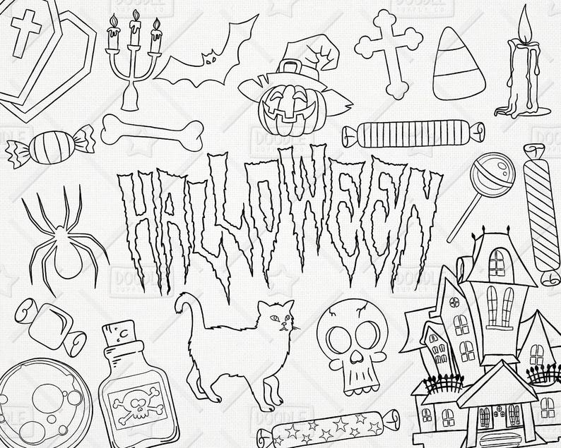 Doodle Halloween Vector Pack, Halloween Doodles, Skull Clipart, Candy ...