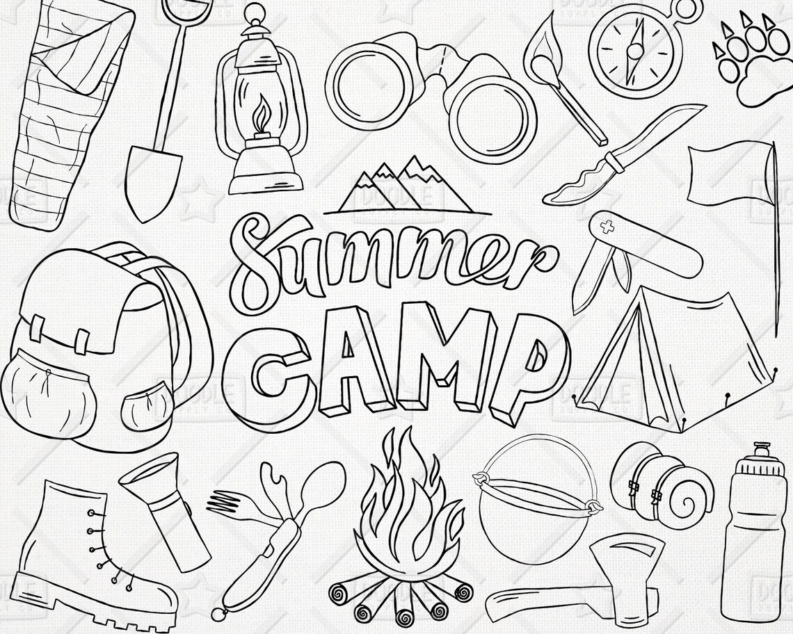Doodle Camping Vector Pack, Outdoors Clipart, Campfire Clipart, Nature ...