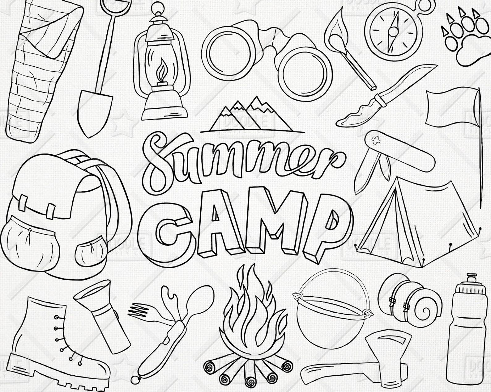 Doodle Camping Vector Pack, Outdoors Clipart, Campfire Clipart, Nature ...