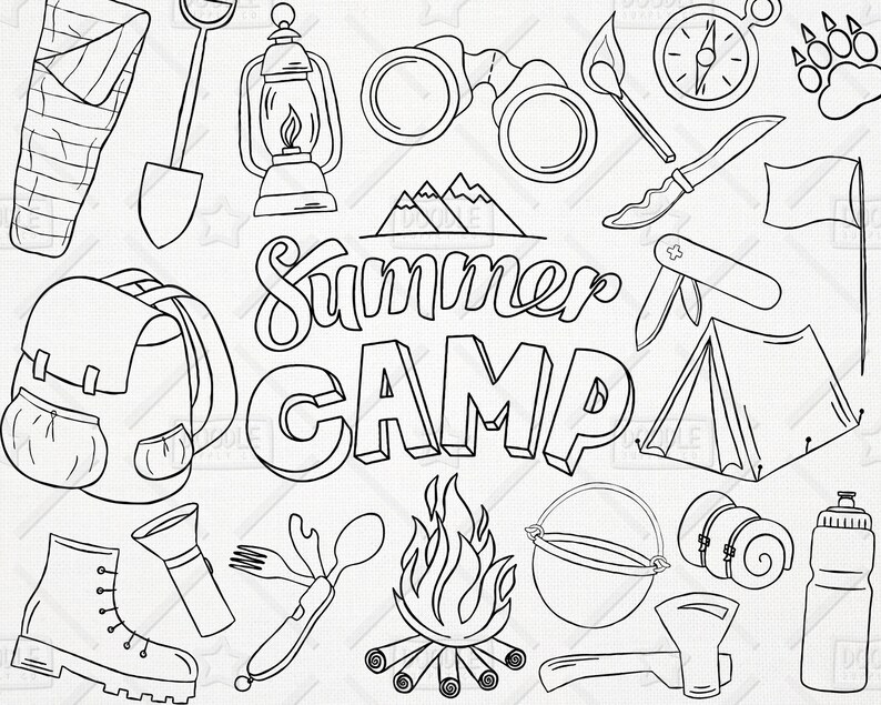 Doodle Camping Vector Pack, Outdoors Clipart, Campfire Clipart, Nature ...