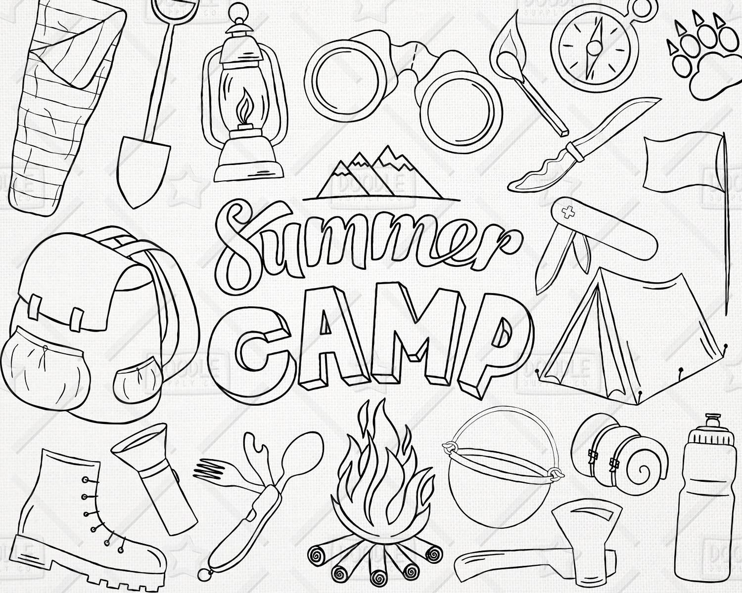 Doodle Camping Vector Pack, Outdoors Clipart, Campfire Clipart, Nature ...