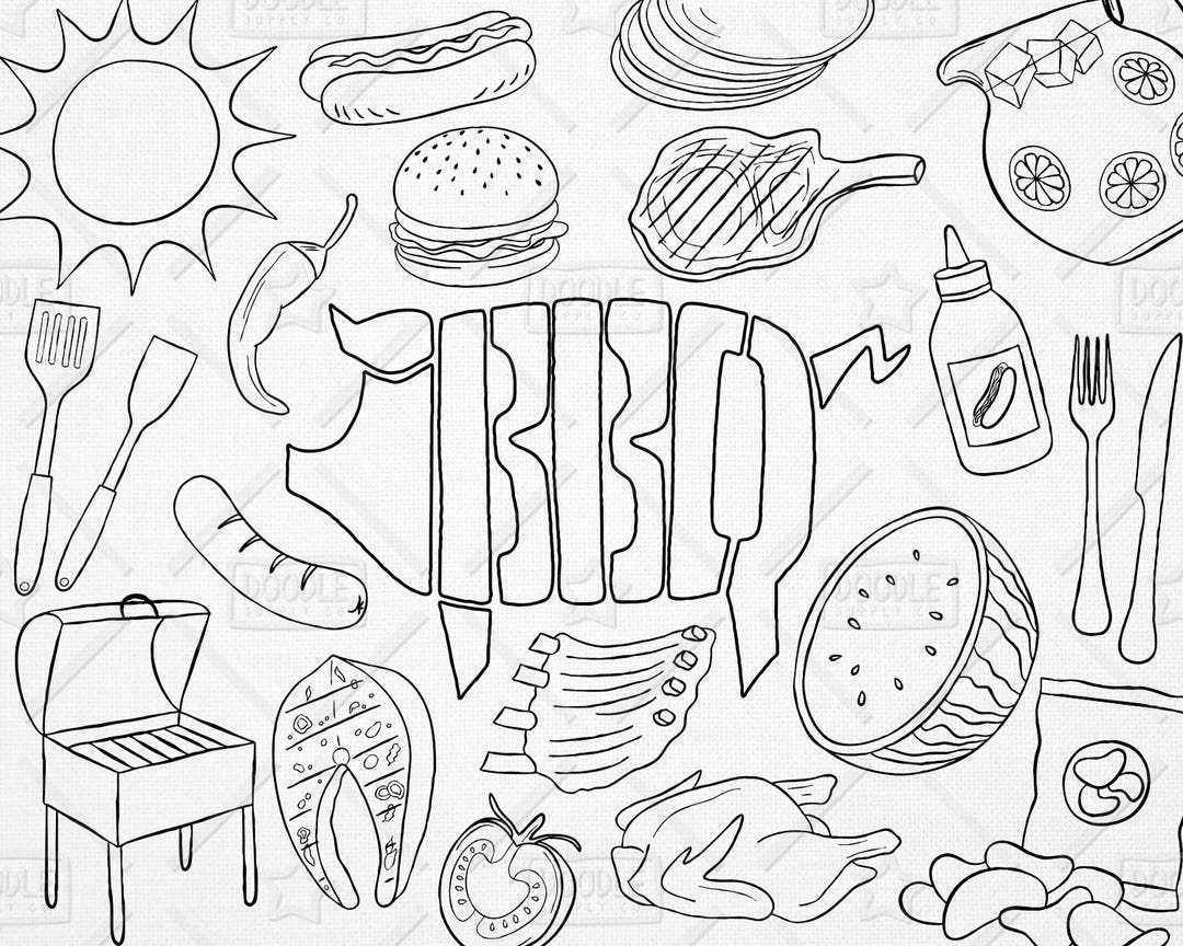 Doodle Barbecue Clipart Vector Pack, BBQ Clipart, Grill Clipart, Burger ...
