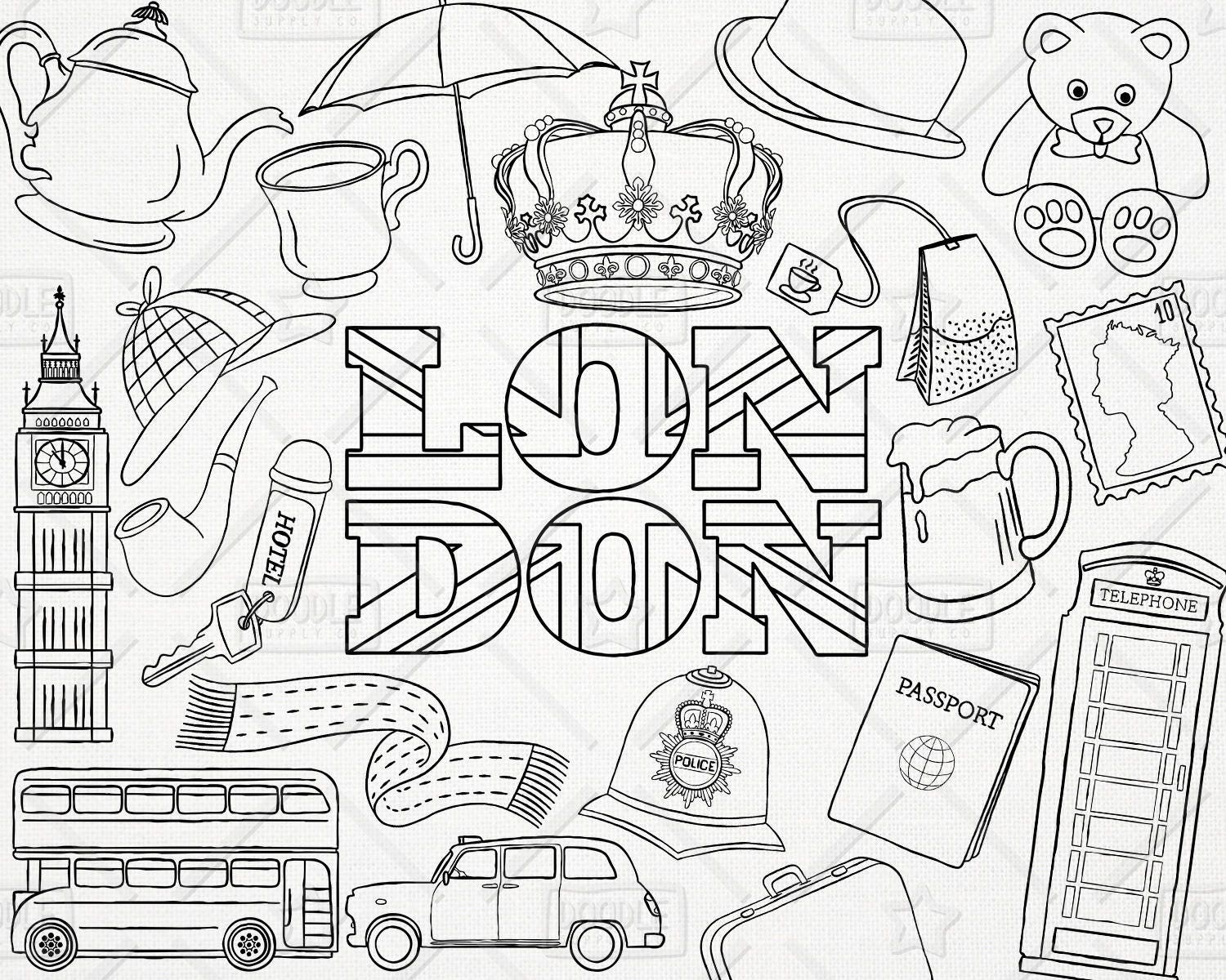 Doodle London Clipart Vector Pack, British Clipart, England, Travel ...