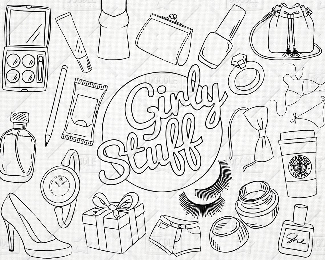 Doodle Girly Stuff Vector Pack, Girly Things, Girly Clipart, Makeup ...