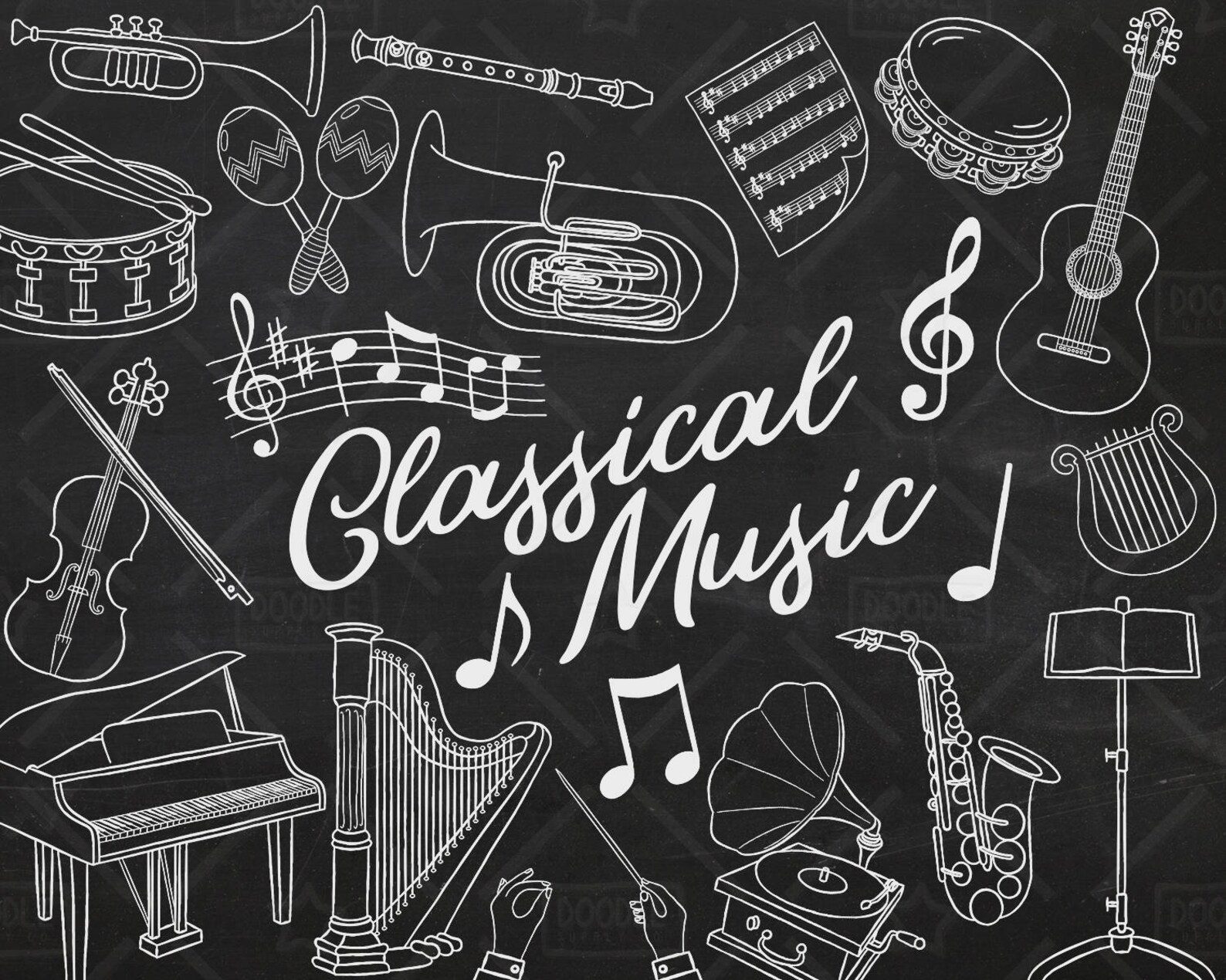 Chalkboard Music Vector Pack, Musical Instruments Clipart, Piano ...