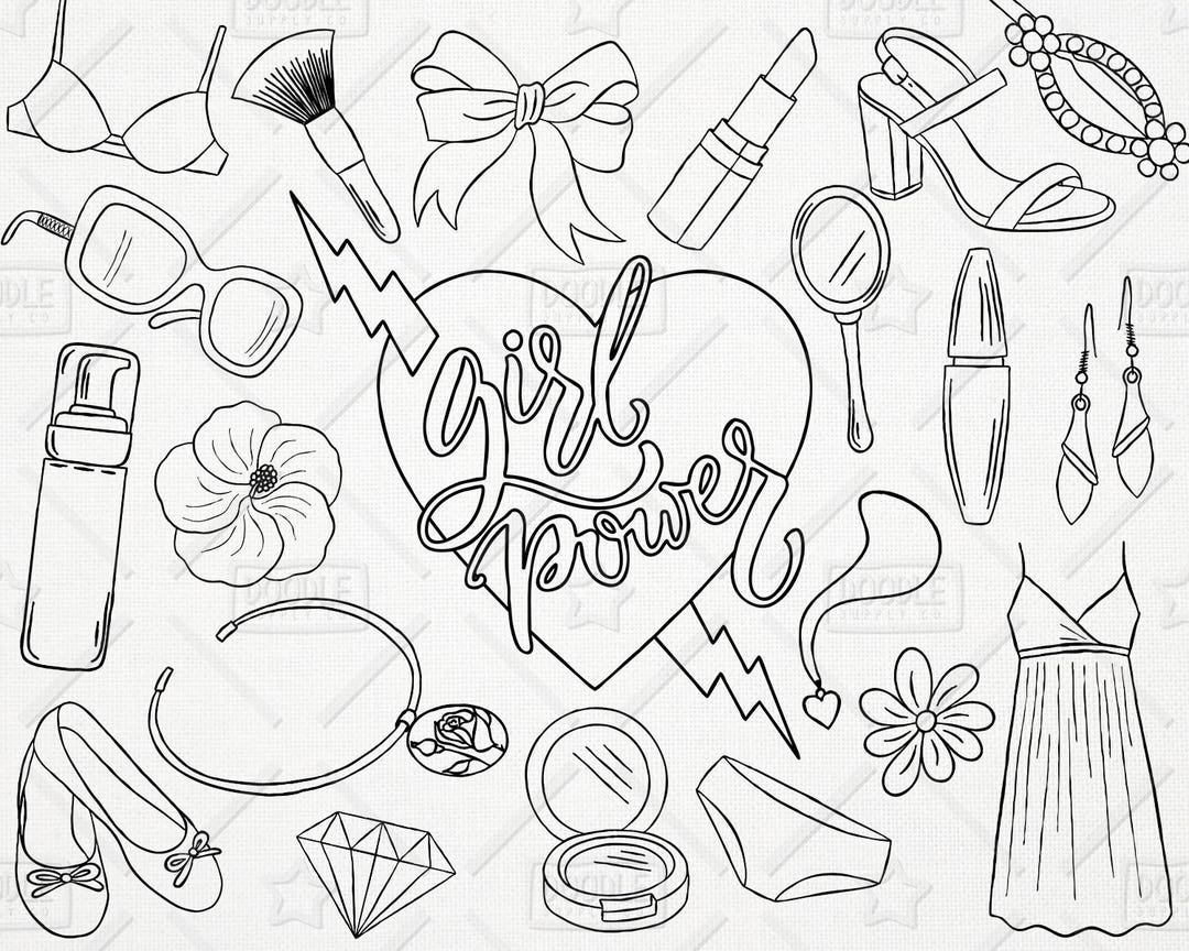 Doodle Girl Power Vector Pack, Girly Things, Girly Clipart, Makeup ...