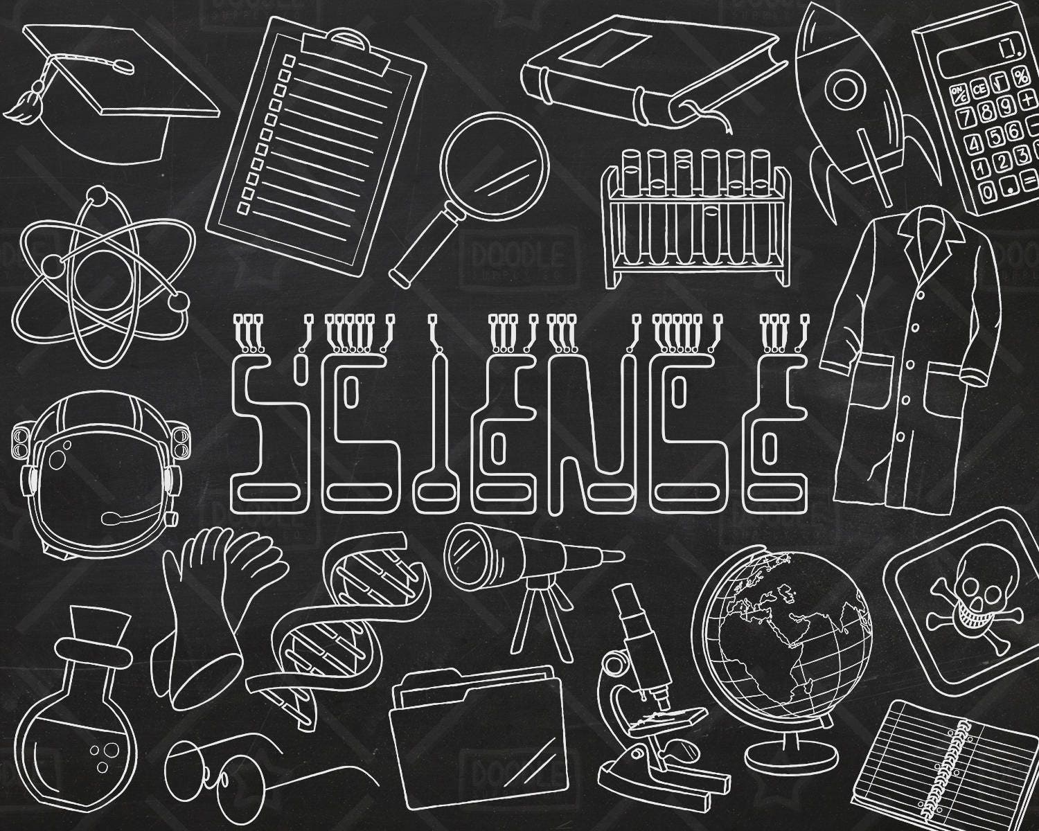 Chalkboard Science Vector Pack, Science Doodles, Mad Scientist Clipart ...