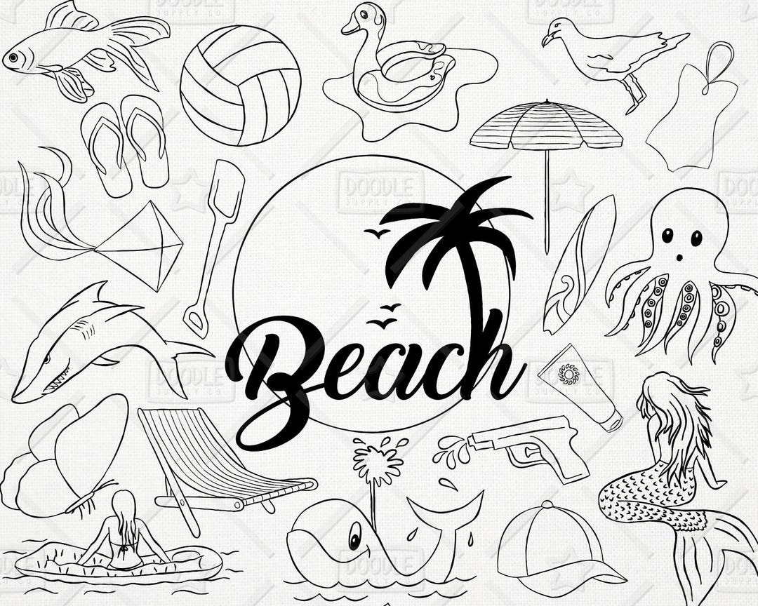 Doodle Beach Clipart Vector Pack, Summer Clipart, Vacation Clipart ...