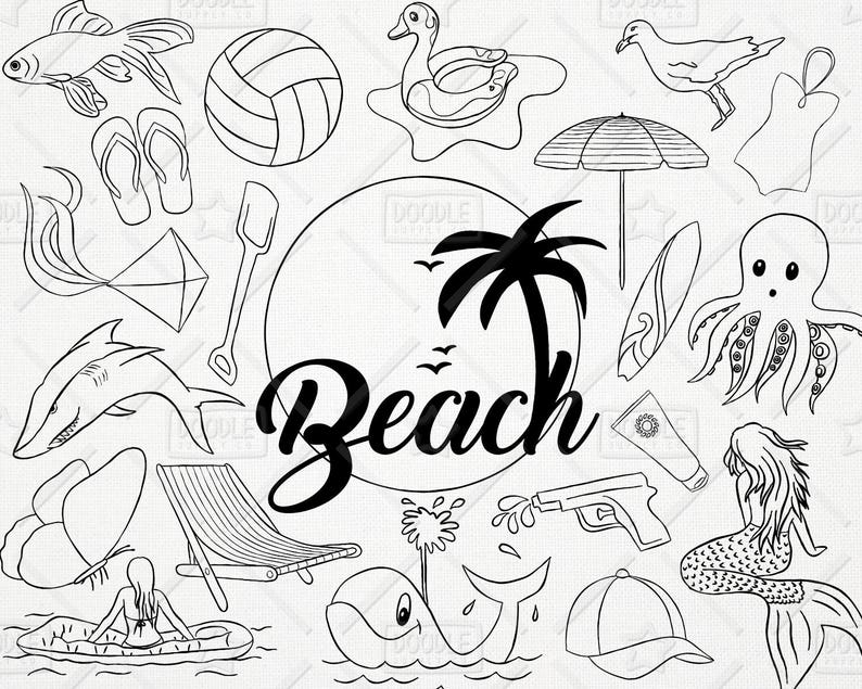 Doodle Beach Clipart Vector Pack, Summer Clipart, Vacation Clipart ...
