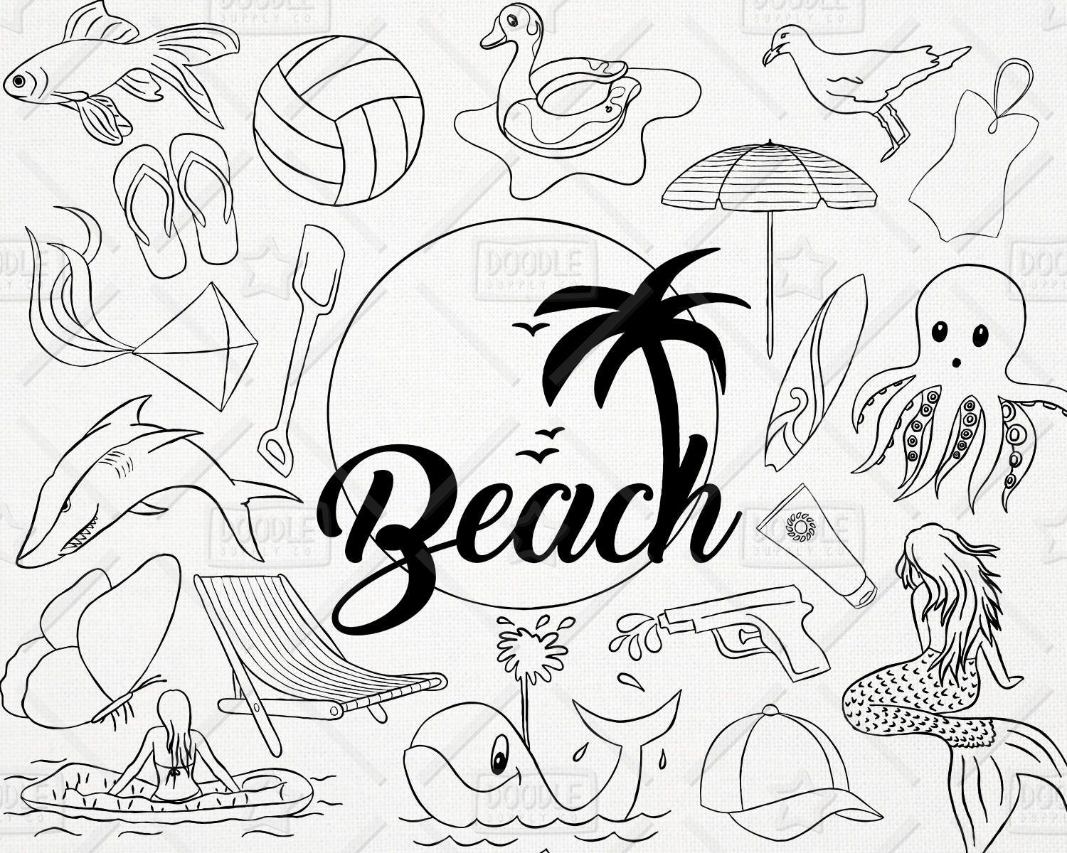 Doodle Beach Clipart Vector Pack, Summer Clipart, Vacation Clipart ...