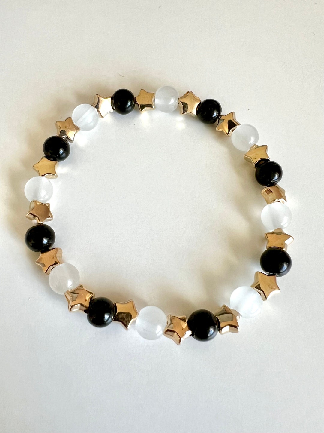 Moon Star Bracelet Round Matte White and Shiny Black Crystal Beads Gold ...