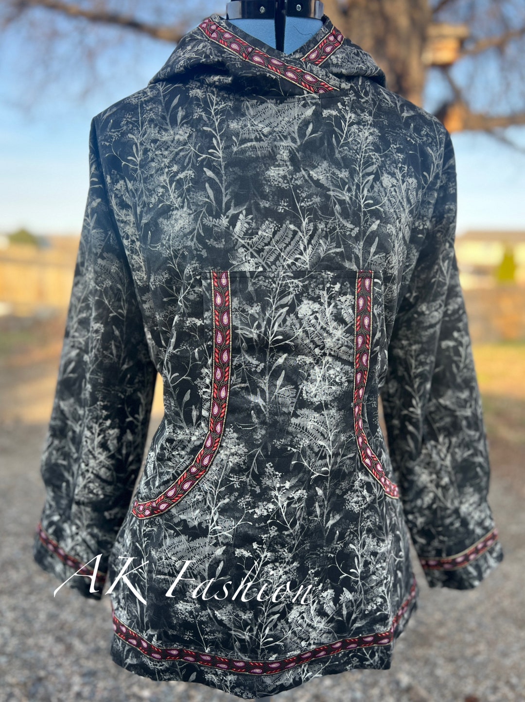 Gray Plants on Black Kuspuk Women Kuspuk - Etsy