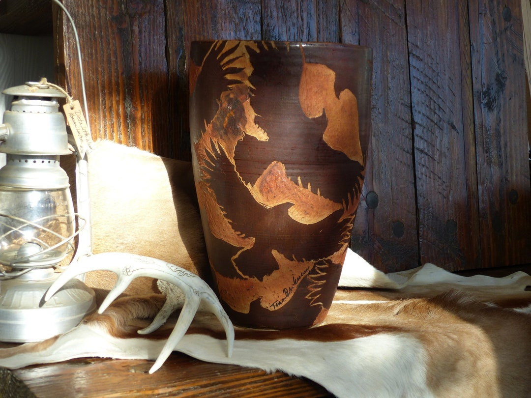 Stunning Large Eagle Pottery Vase Artist Signed Lodge Cabin Decor High ...