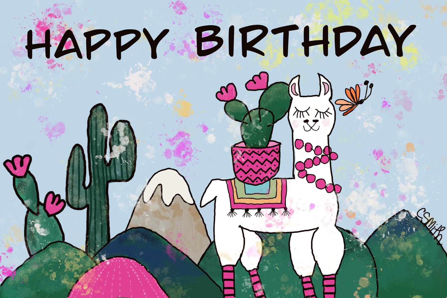 Llama Happy Birthday Digital, Printable Card, Bookmark, Tag, Postcard ...