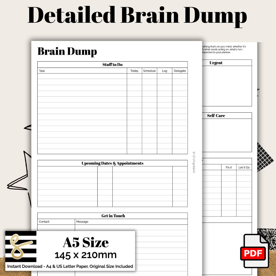 Detailed Brain Dump A5 Planner Printable PDF - Instant Download - Disc ...