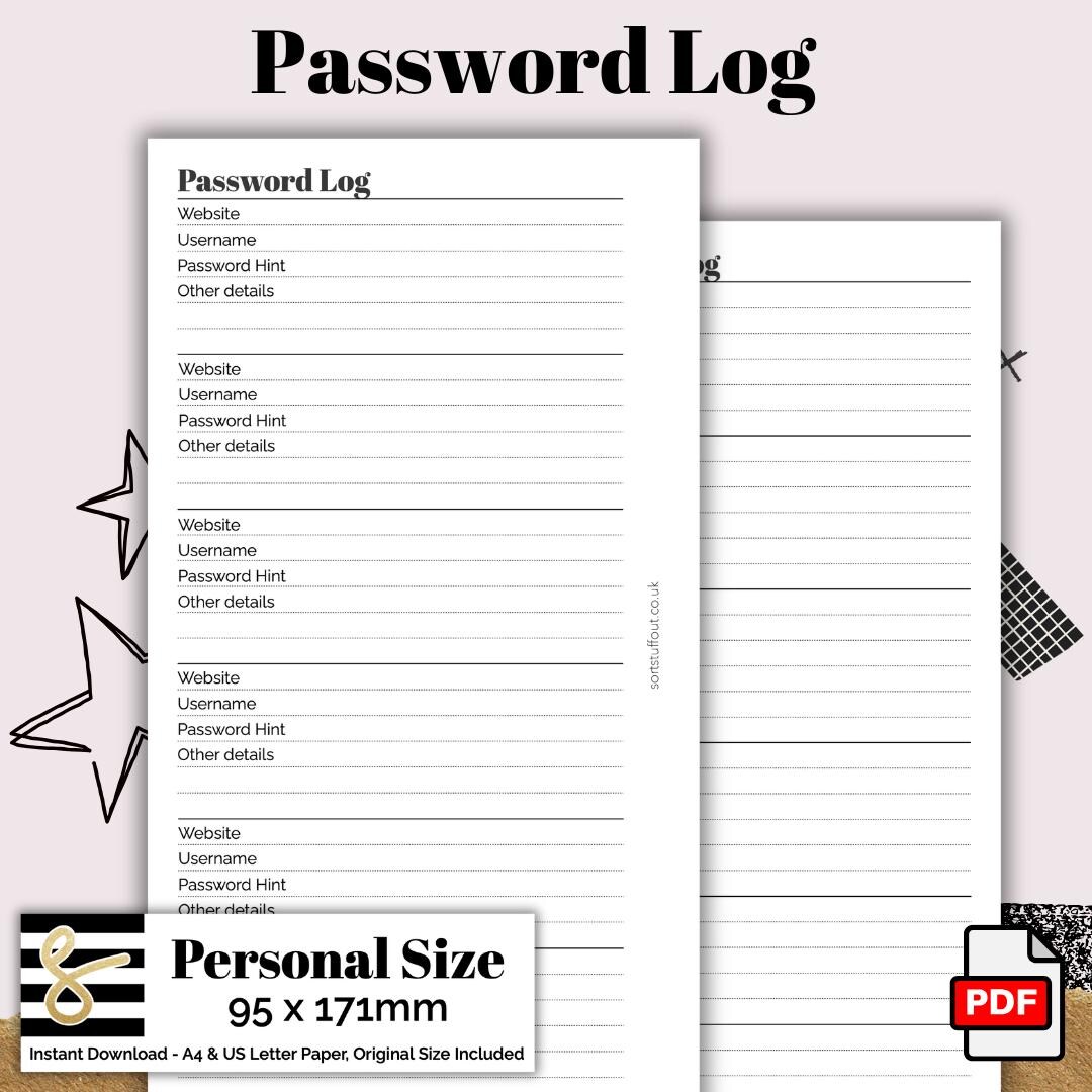Personal Password Log Printable PDF - Instant Download - Disc or Rings ...