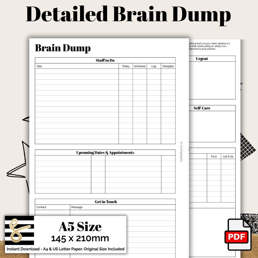Detailed Brain Dump A5 Planner Printable PDF - Instant Download - Disc ...