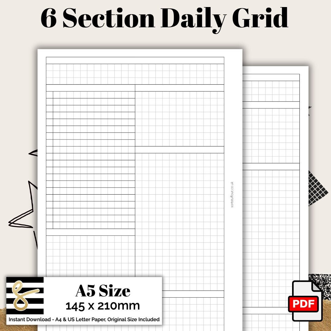 6 Section Daily Grid A5 Planner Printable PDF - Instant Download - Disc ...